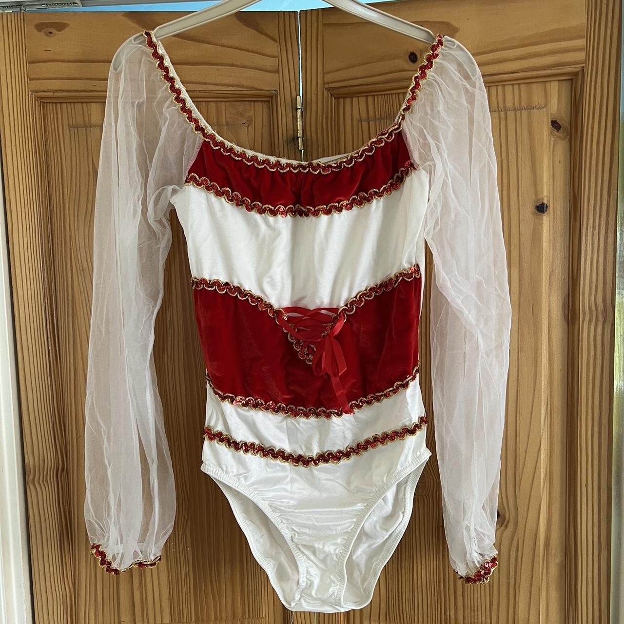 Red, white & gold show leotard. Red velvet detail,... - Depop