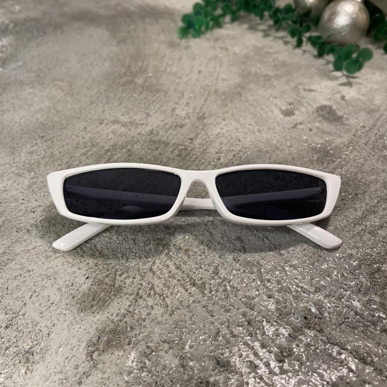 Slim rectangular white frame sunglasses with black... - Depop