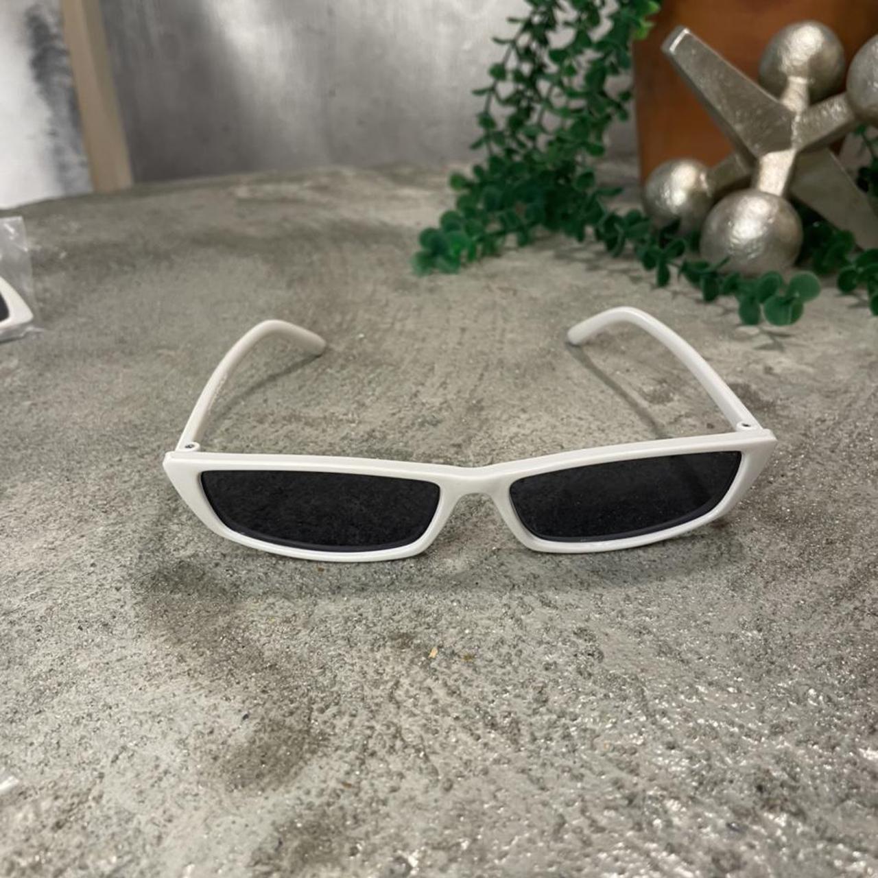 Slim rectangular white frame sunglasses with black... - Depop