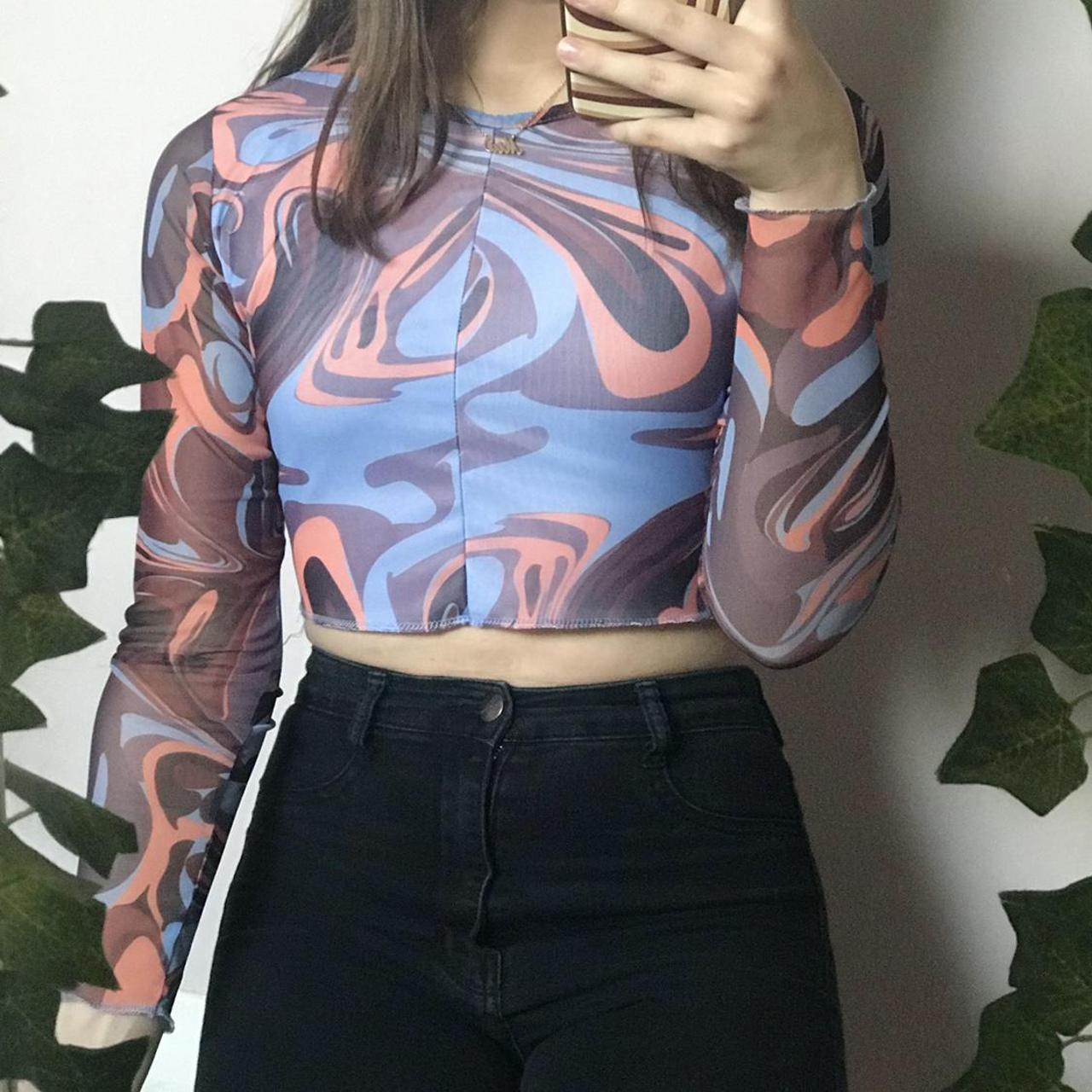 marble/abstract printed mesh crop top new without... - Depop