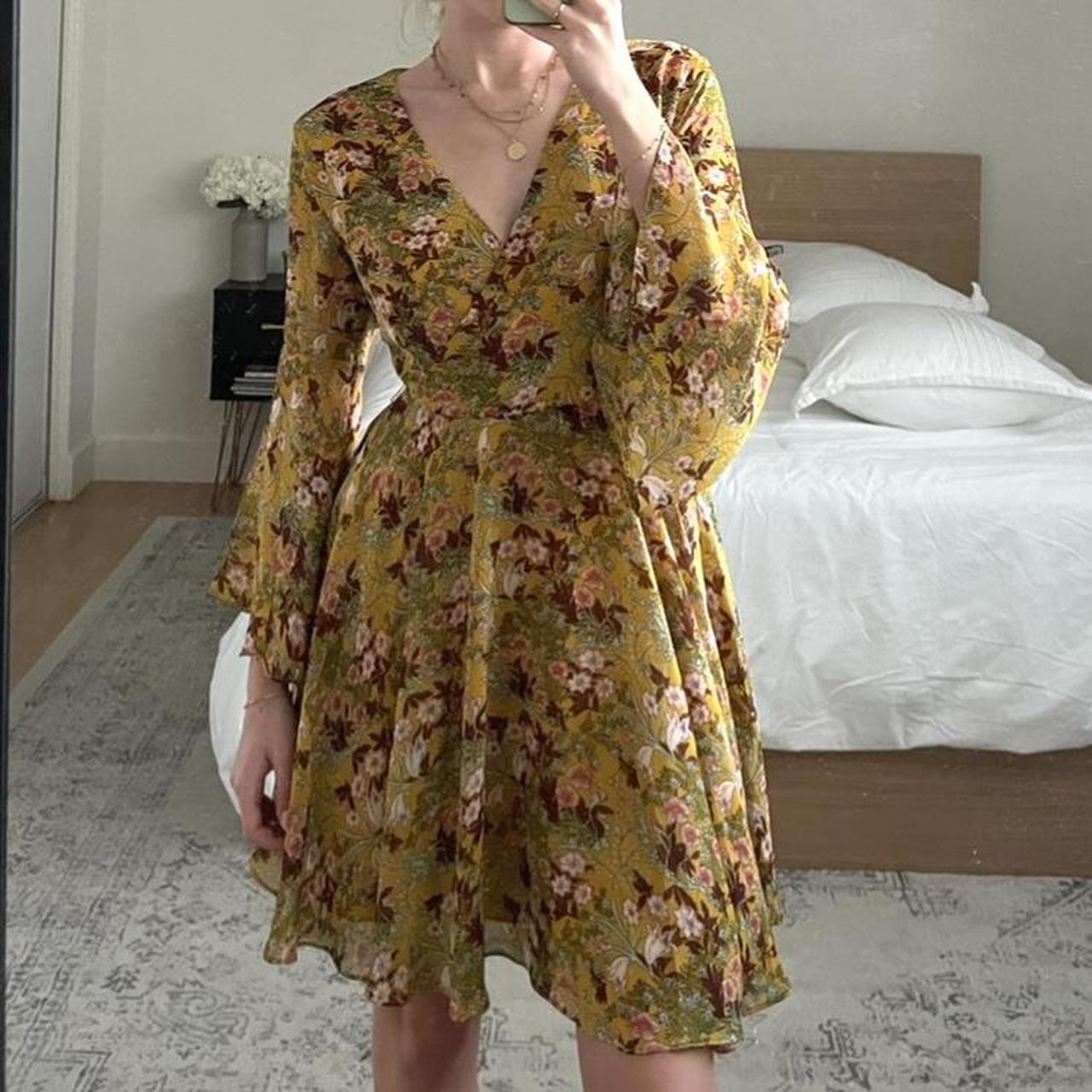 Low Cut Neck Mustard Yellow Floral Dress Super... - Depop