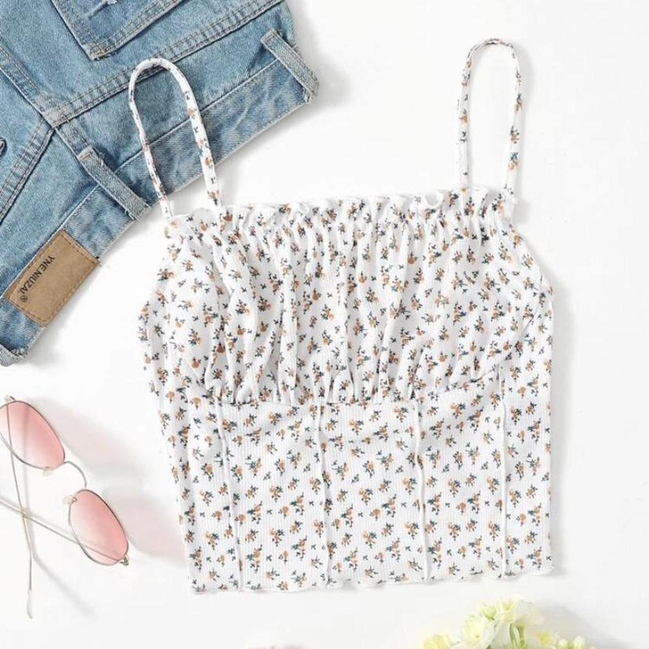 Shein Ditsy Floral Ruched Bust Lettuce Trim Crop Depop