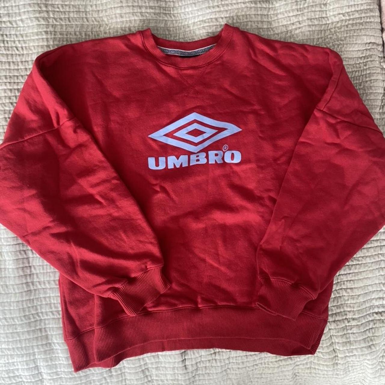 Red umbro sweatshirt with blue design. Really comfy... - Depop