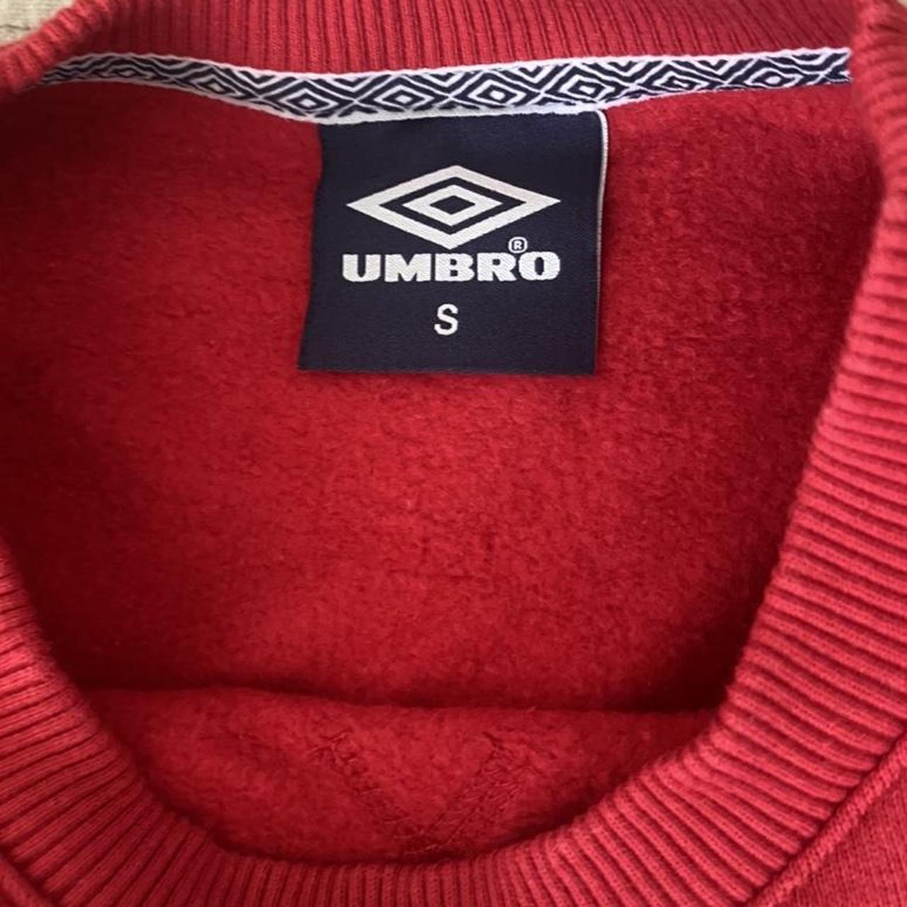 Red umbro sweatshirt with blue design. Really comfy... - Depop