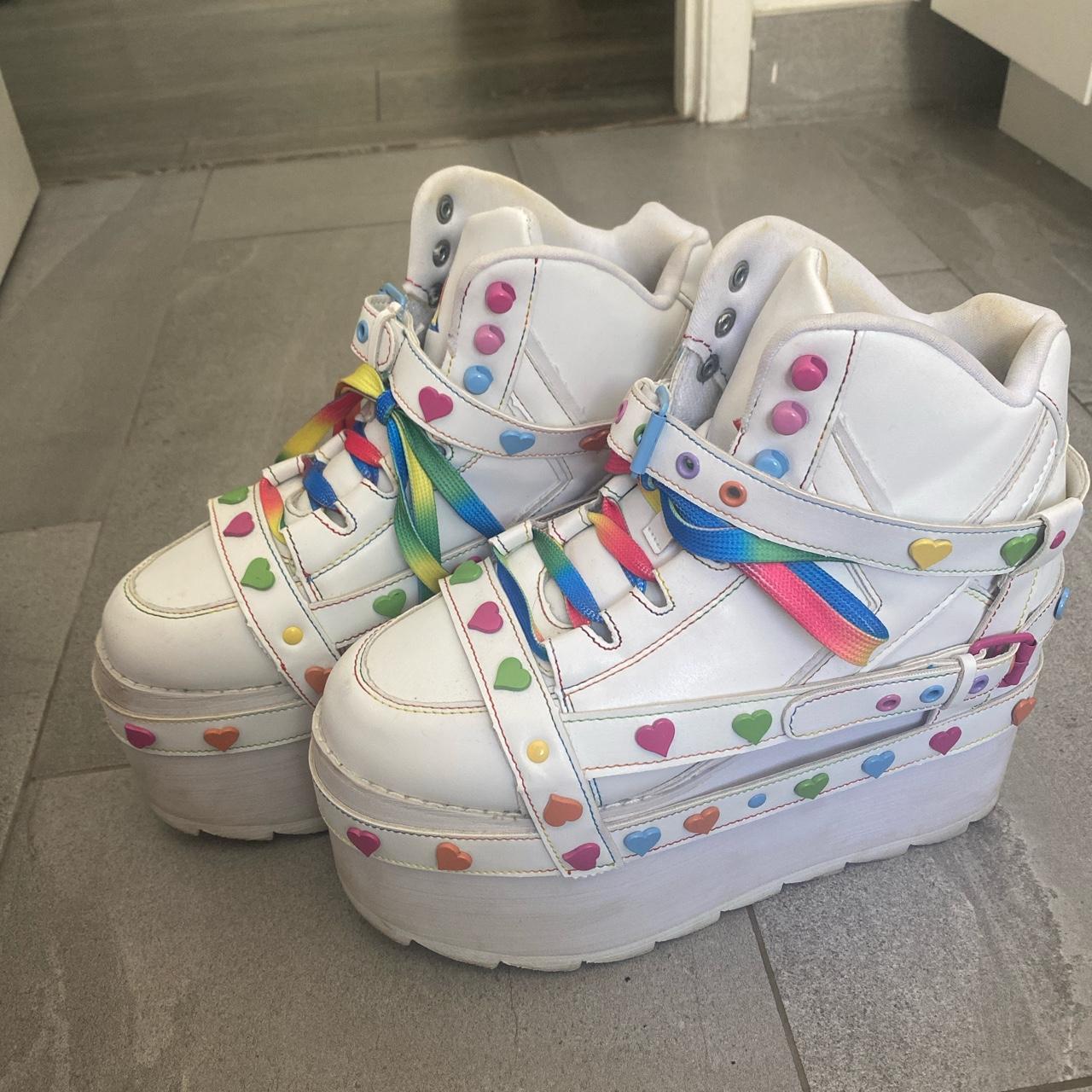 YRU white and rainbow Kandi rave platform sneakers... - Depop