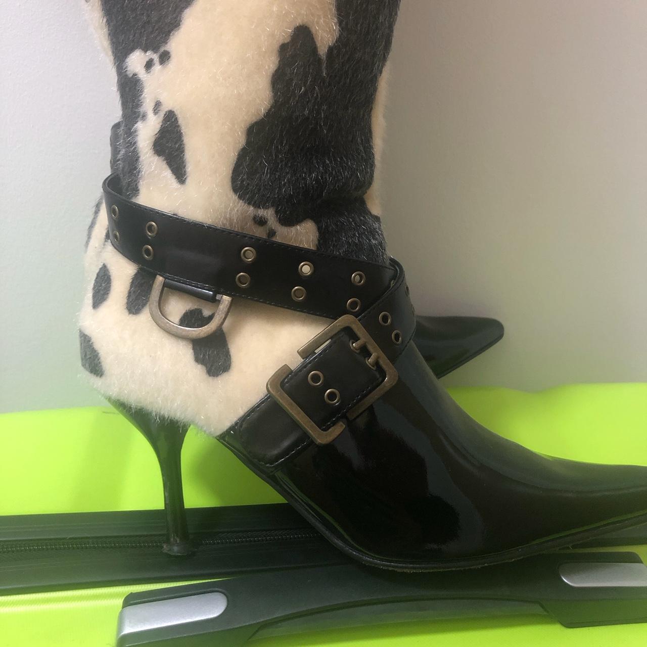 Vintage Colin Stuart Patent Leather Cow Print Boots.... - Depop
