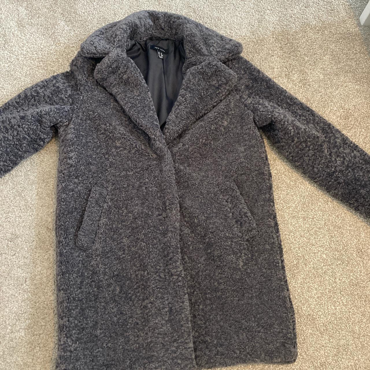 Ladies New Look teddy faux fur coat dark grey.... - Depop