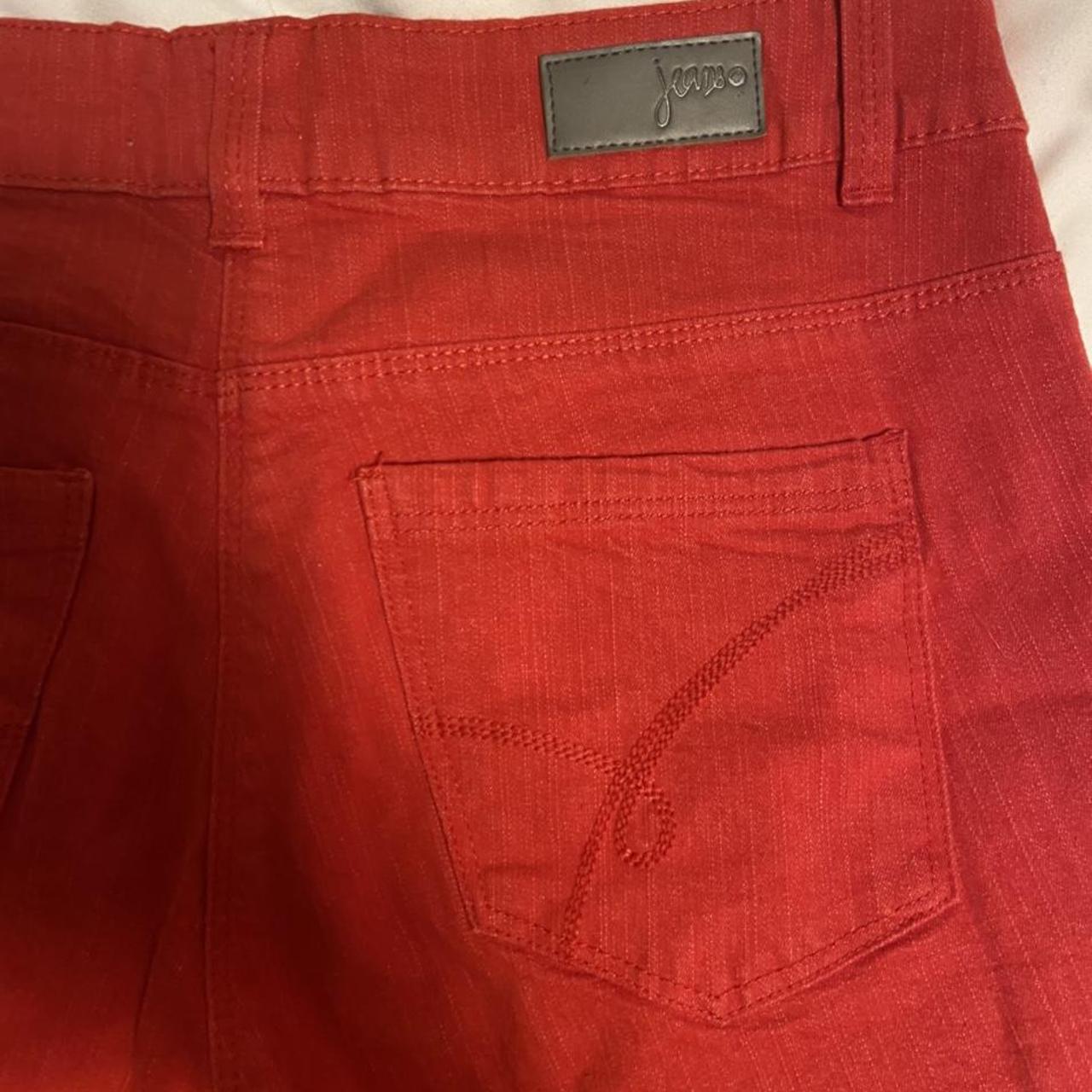 red straight leg stretchy mid rise jeans never worn... - Depop