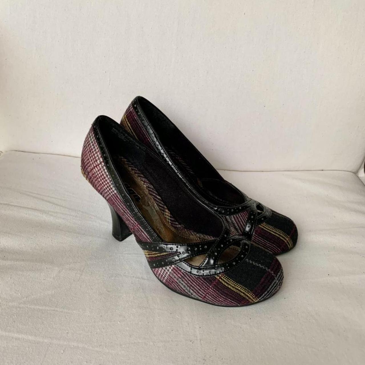 VINTAGE BONGO PLAID HEELS with faux leather trim.... - Depop