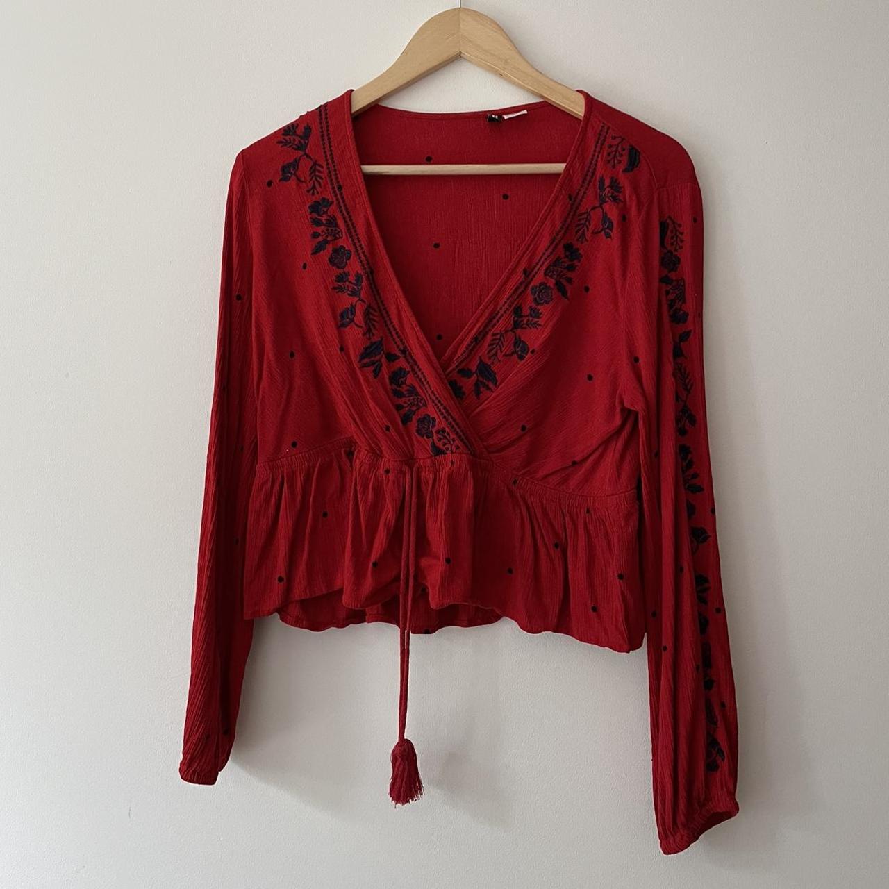 Red v neck bell sleeve crop top witchy lovely floaty... - Depop