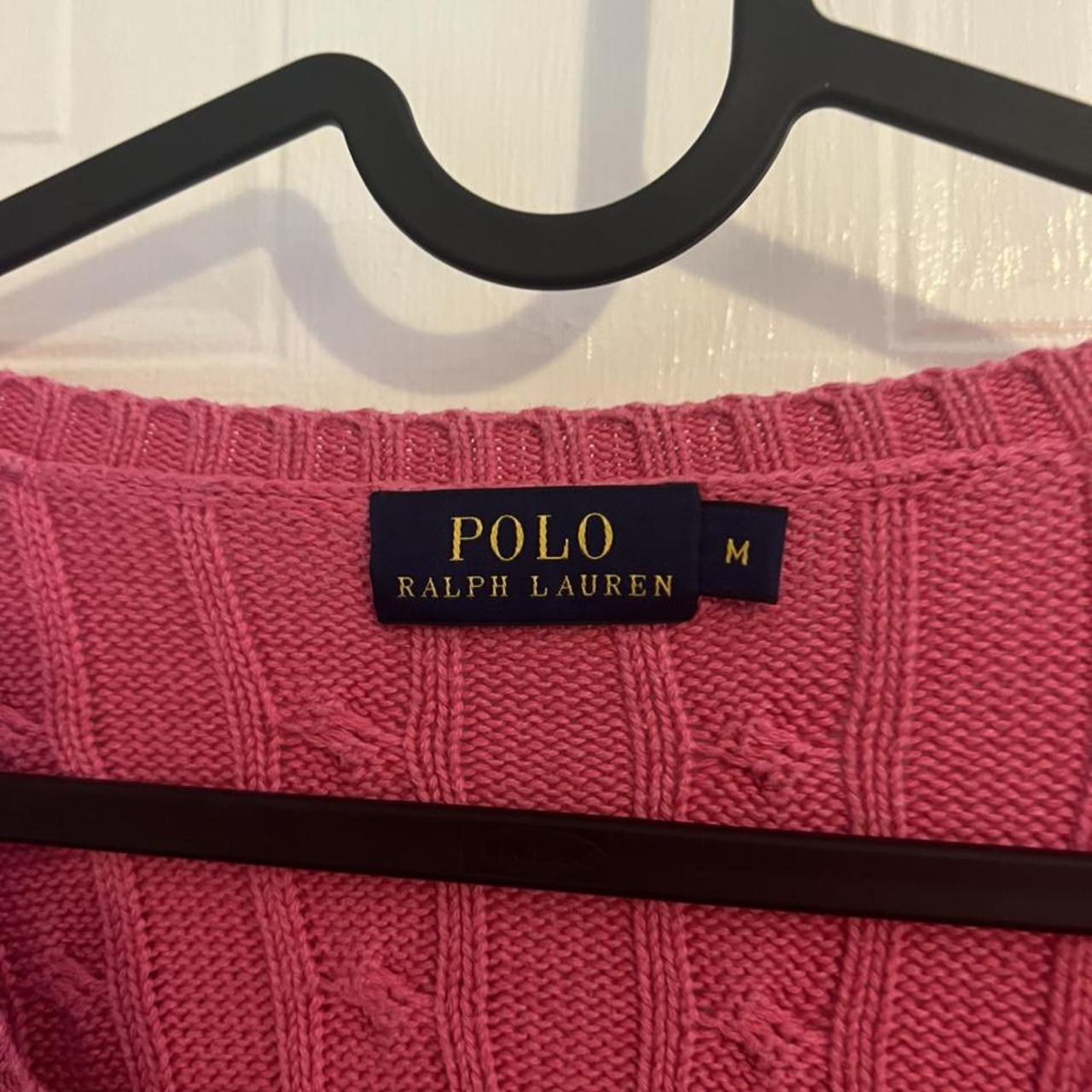 Womens Pink V Neck Ralph Lauren Cable Knit Jumper Depop