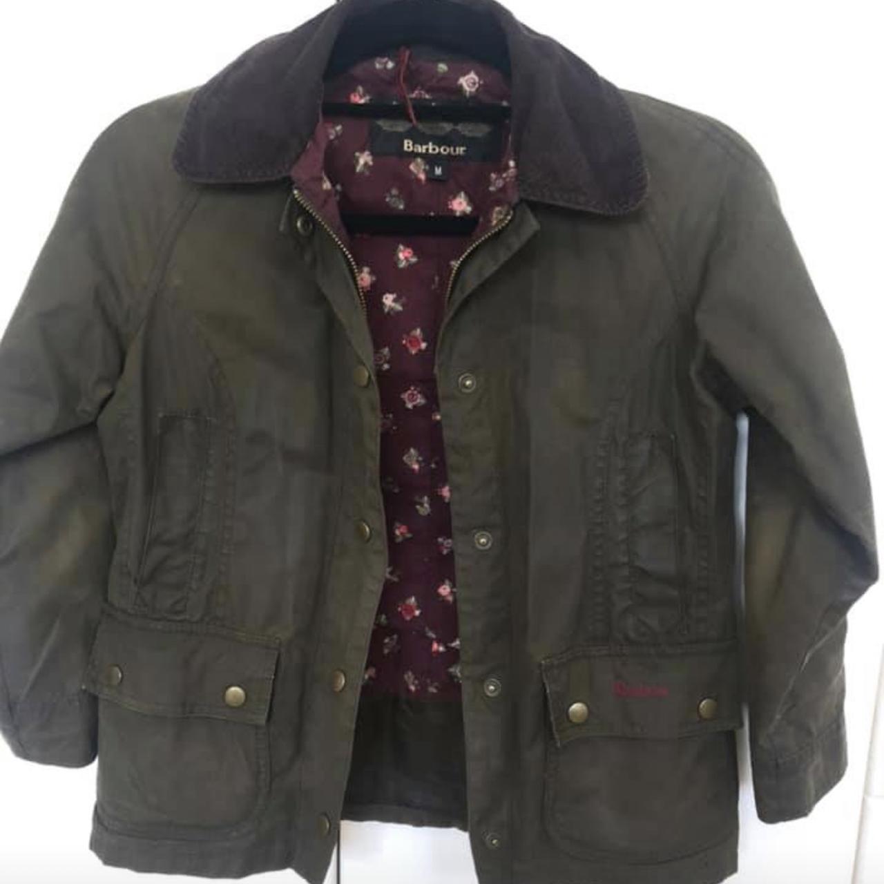 Girls green wax Barbour jacket with floral print... - Depop