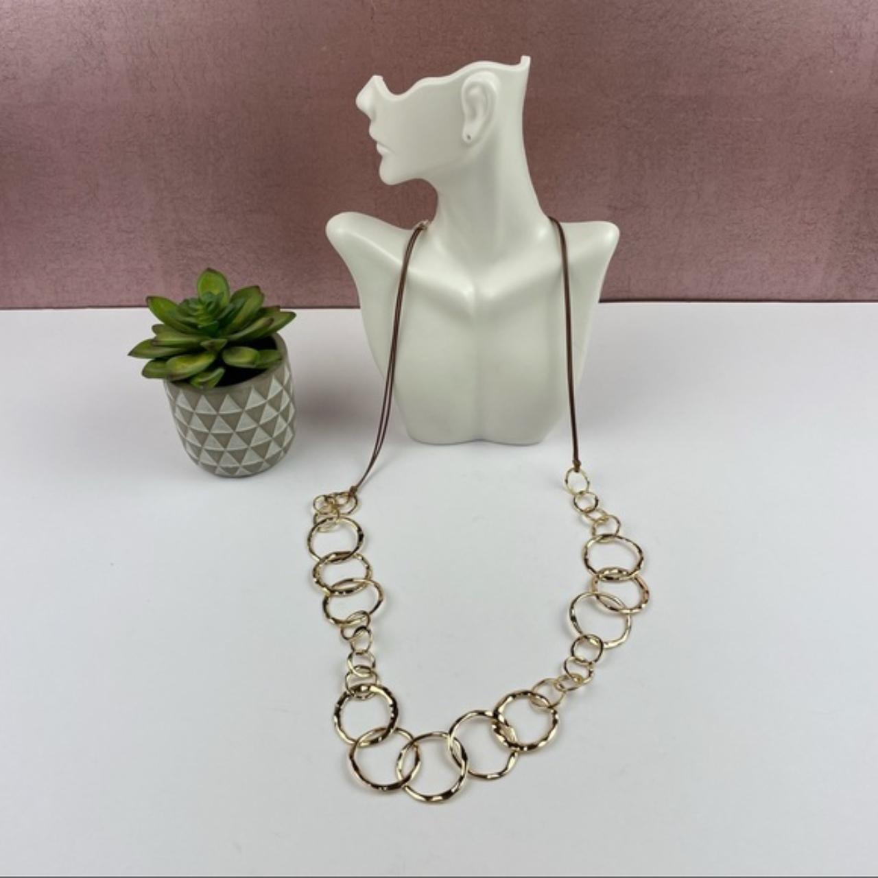 Gold Colored Circles Hammered Brown Rope Chain Long... - Depop