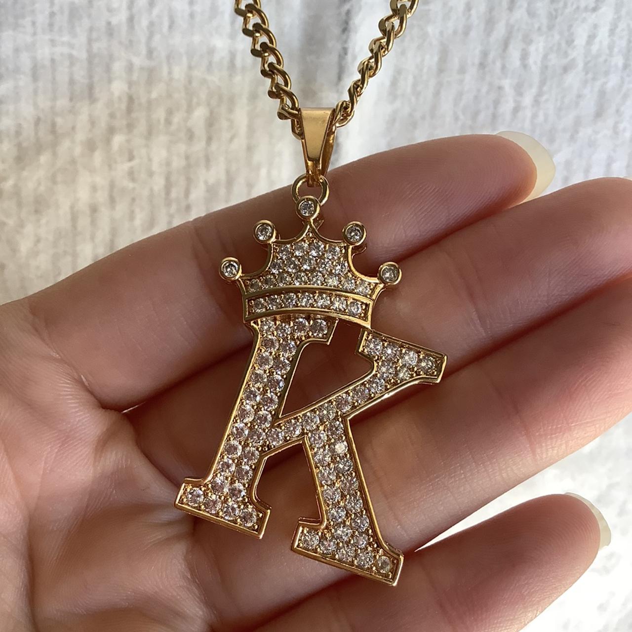NEW " K " gold crown initial necklace 24” Crystal... - Depop