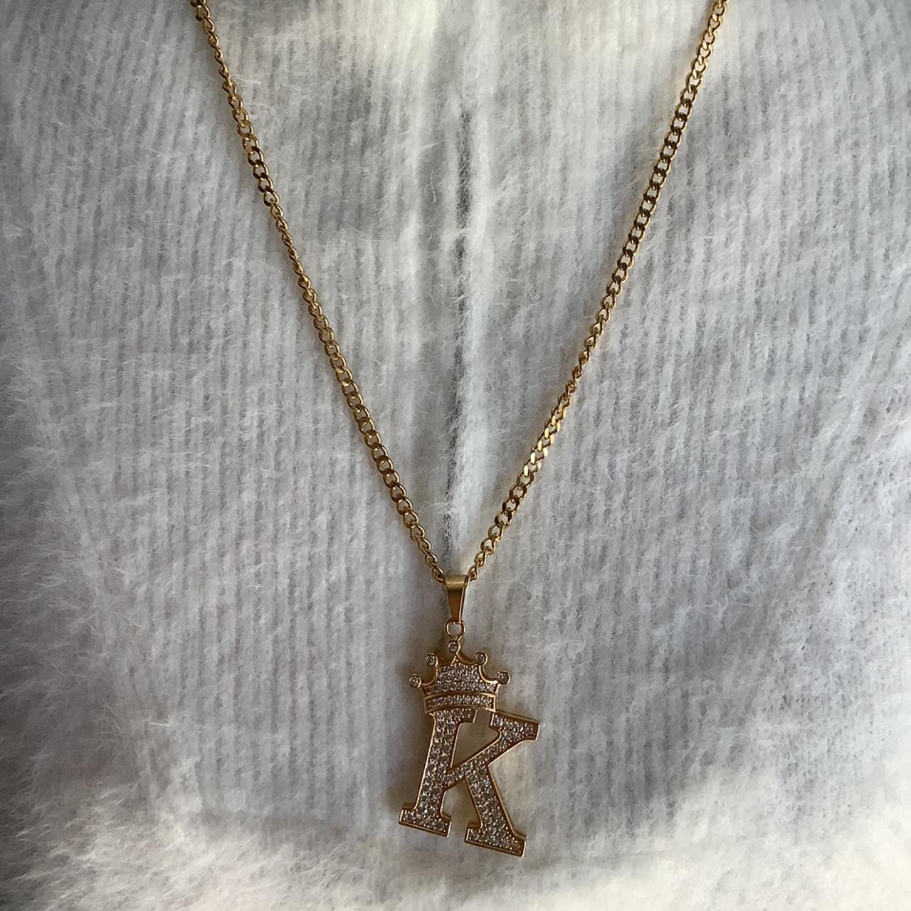 NEW " K " gold crown initial necklace 24” Crystal... - Depop