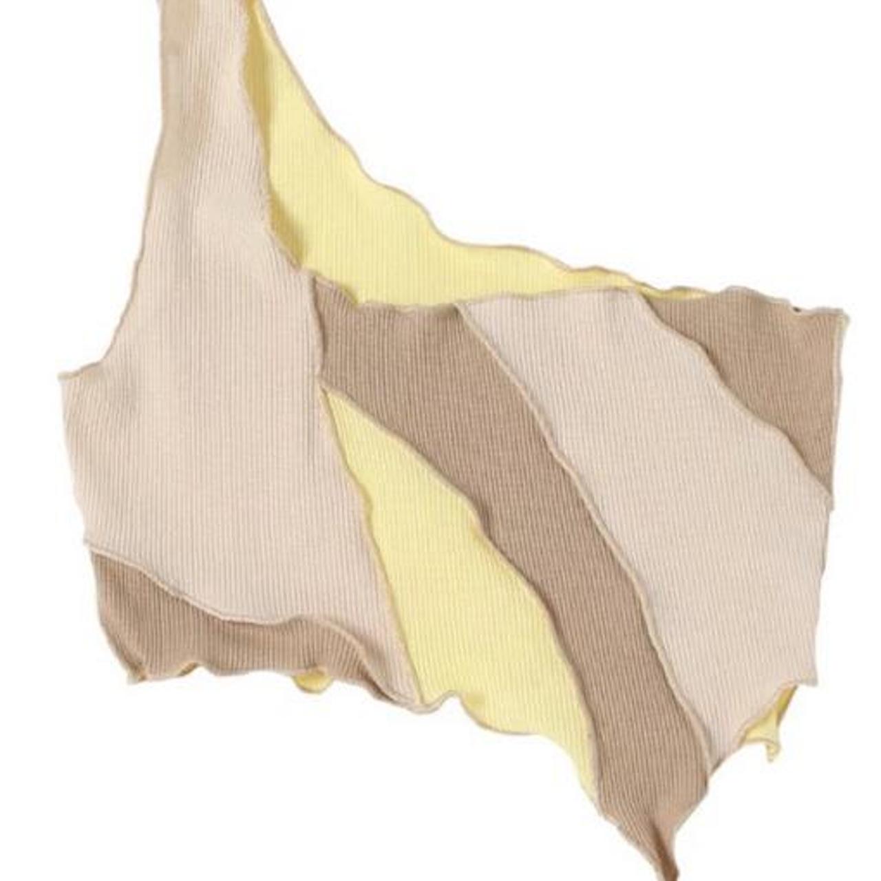 Yellow and brown patchwork one shoulder crop top.... - Depop