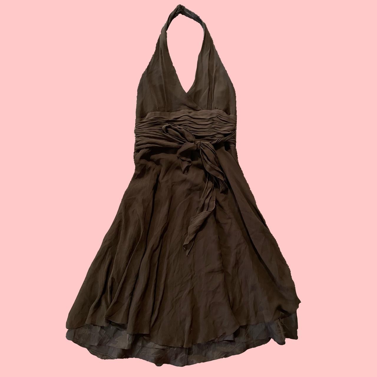 y2k bow front brown silk midi length halter... - Depop