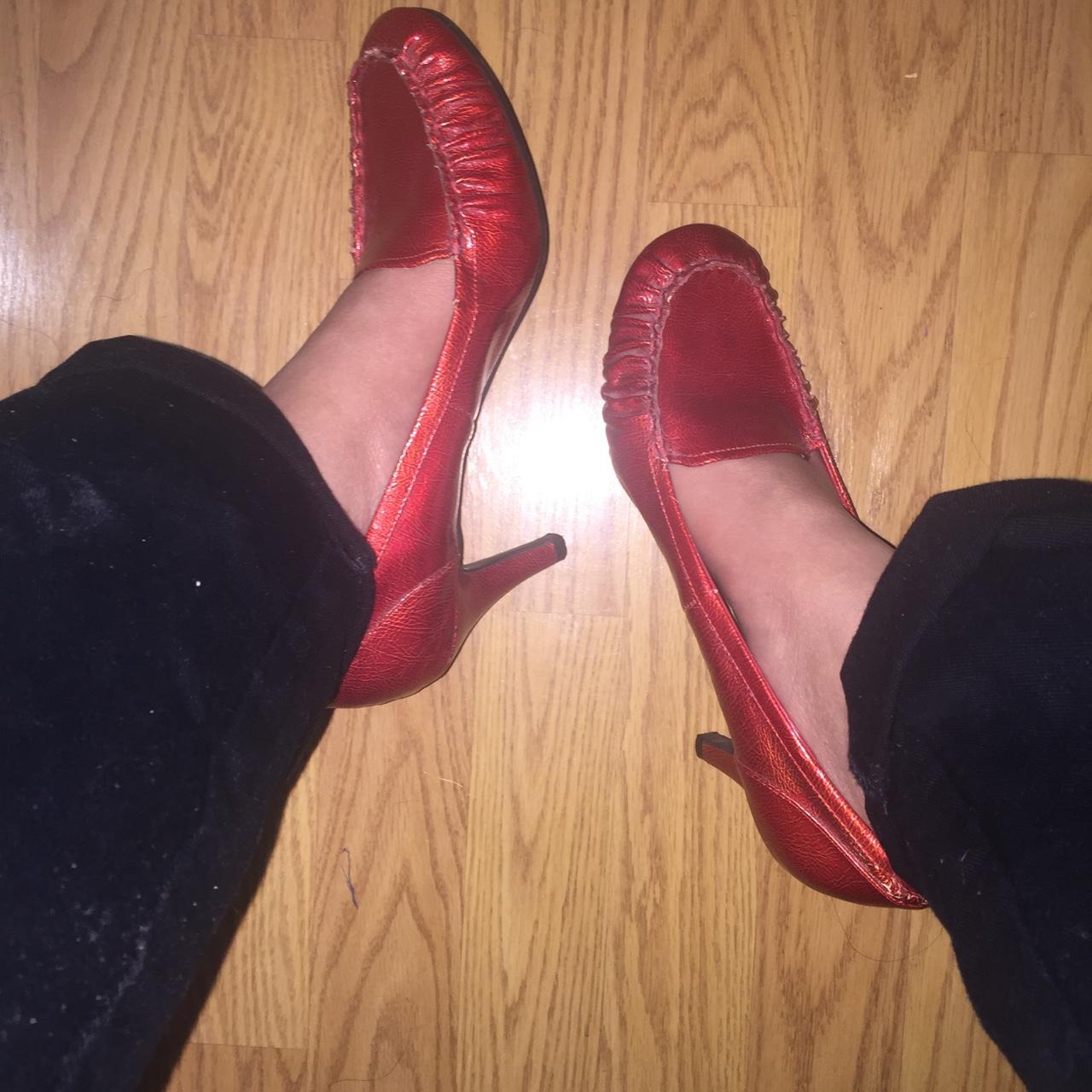 Ruby red glossy heels with medium height heel cute... - Depop