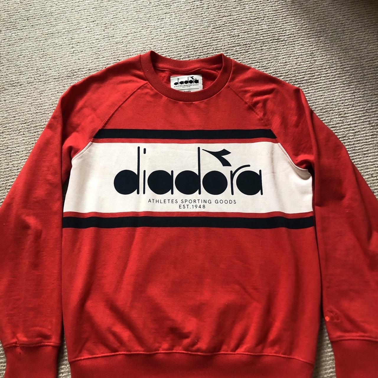 Red white navy Diadora sweatshirt Size small Hardly... - Depop
