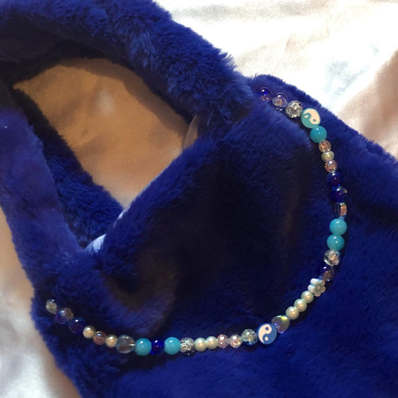 Handmade blue faux fur bag with baby blue satin... - Depop