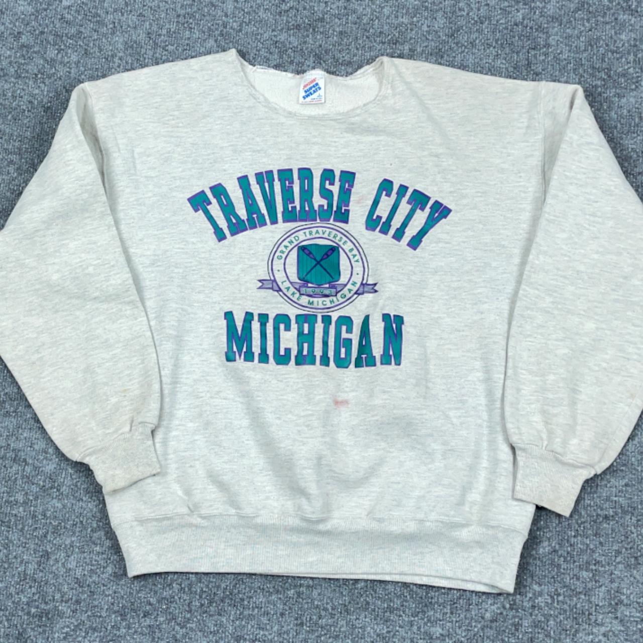 90s Traverse City Michigan crest print pullover... - Depop