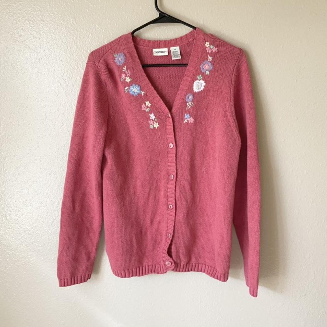 Pink Floral Knit Sweater Cardigan Adorable cottage... - Depop