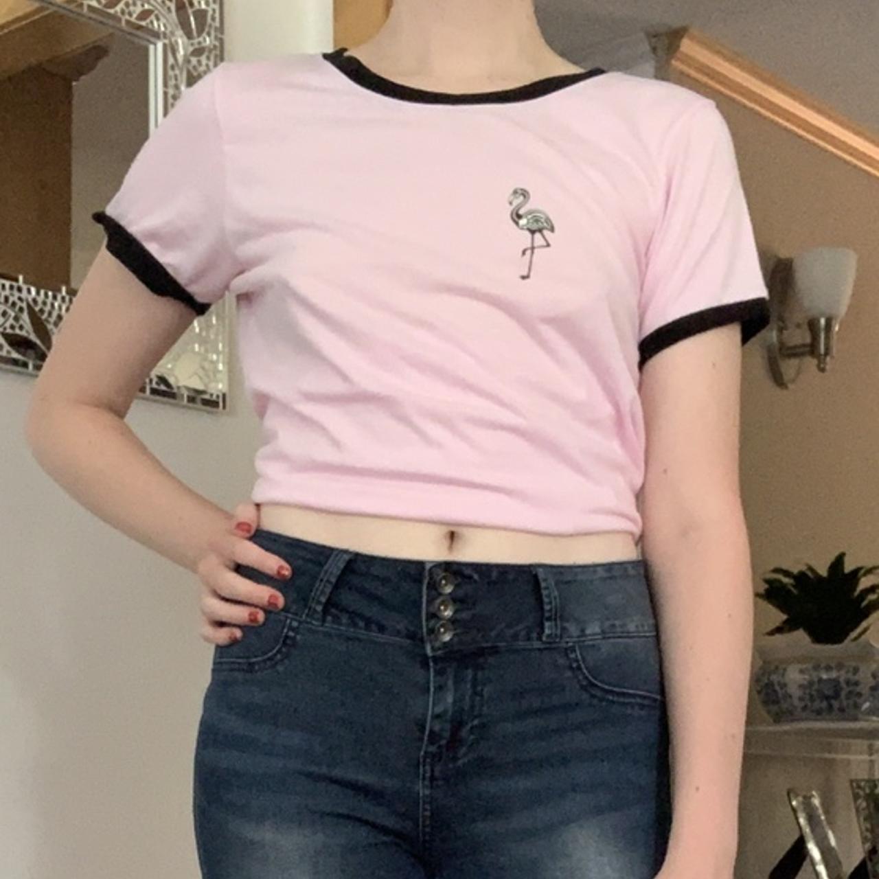Baby bubblegum pink ringer shirt with a flamingo... | Depop