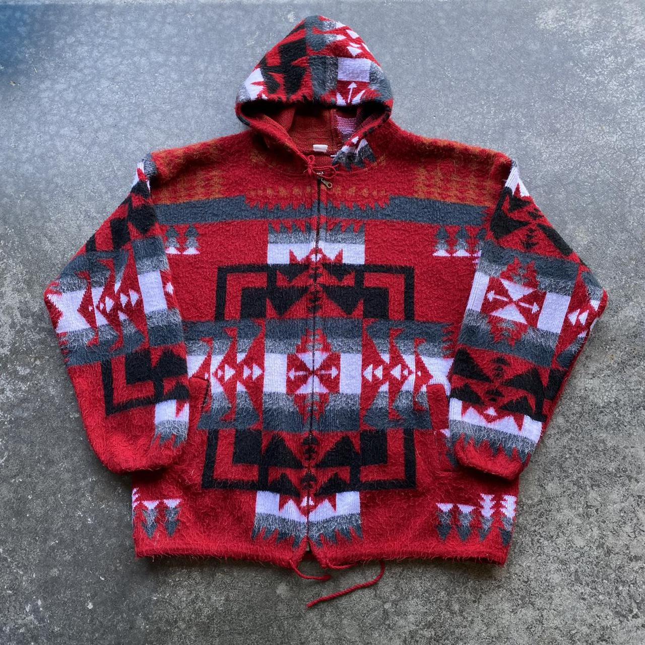 Vintage 90s Aztec Zip Up Hooded Sweatshirt... - Depop