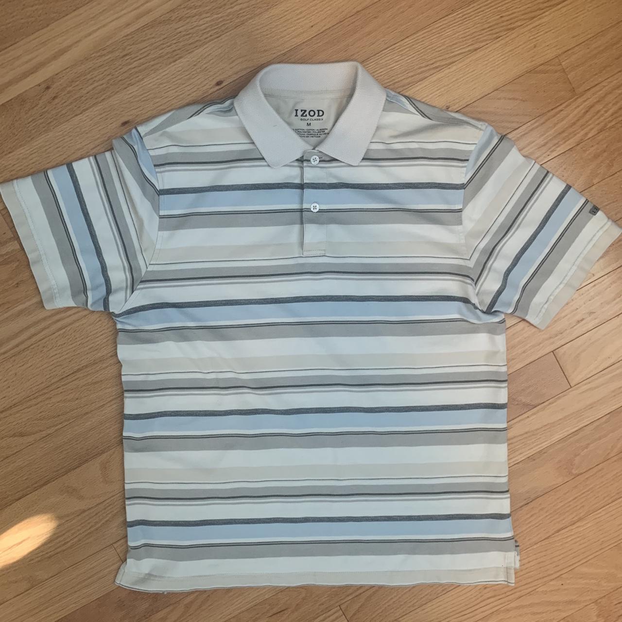izod golf polo. white grey and blue striped good... - Depop