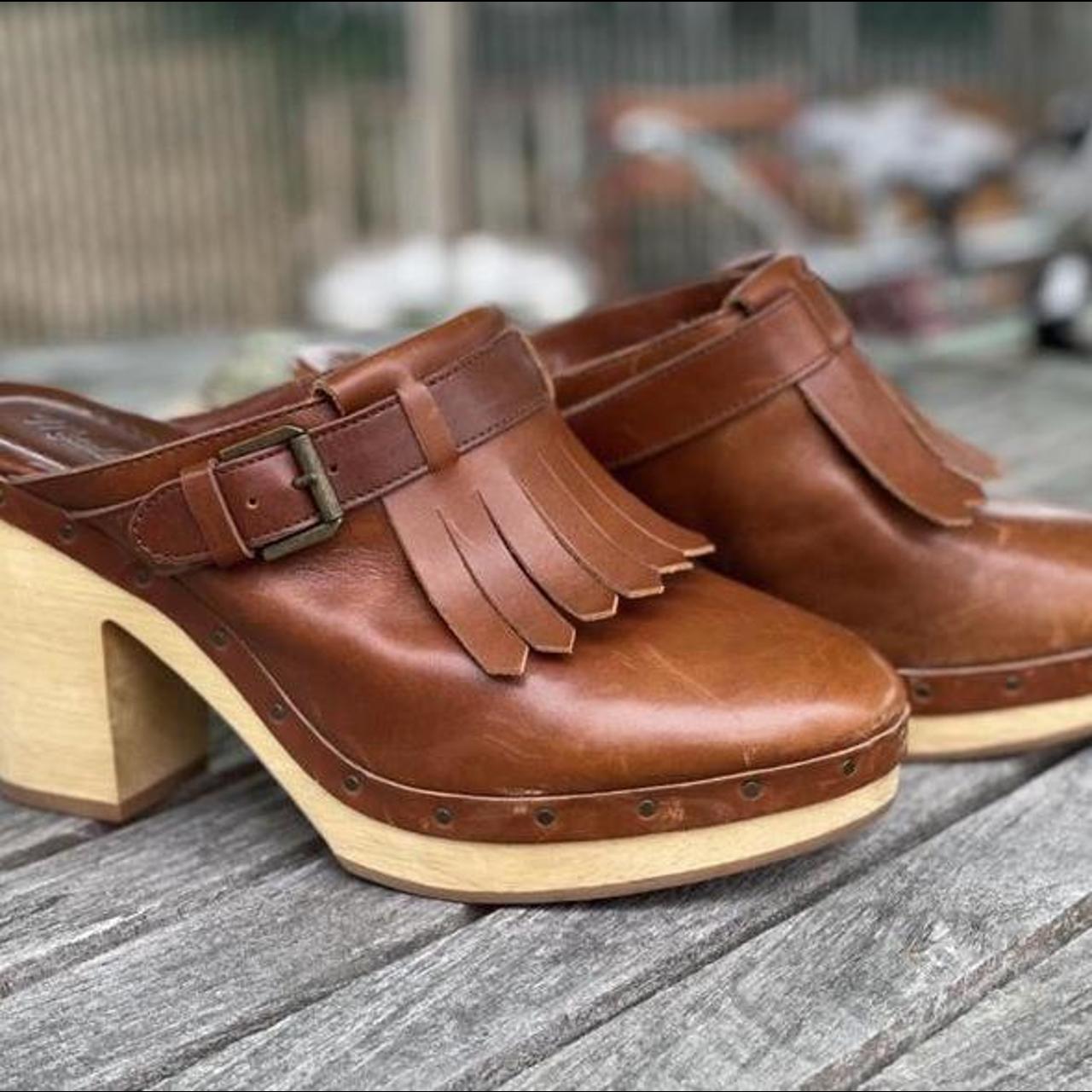 Brown leather loafer clogs adjustable buckle by... - Depop