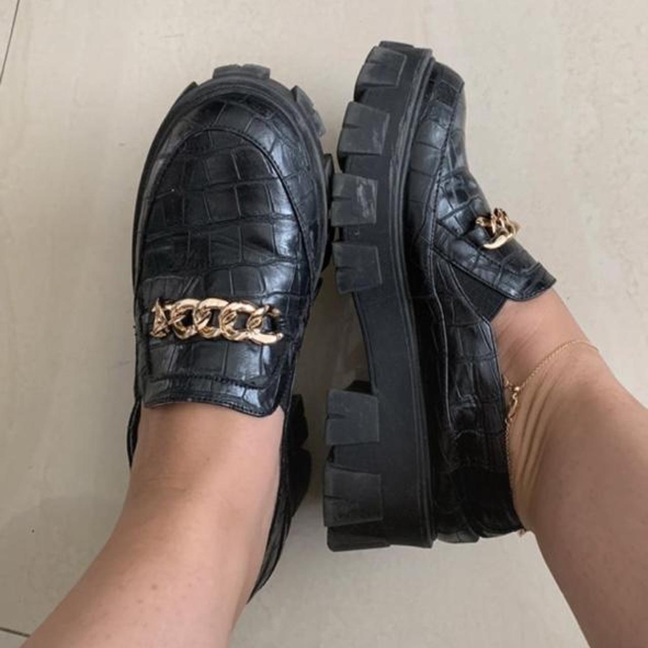 Black Croc Chunky Heeled Loafers with chain detail... - Depop