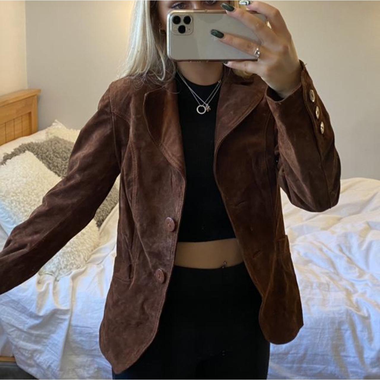 -coolest brown suede leather jacket -100% real... - Depop