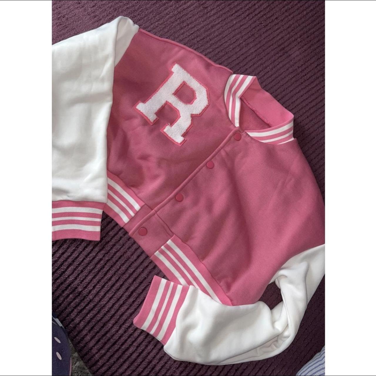 Ladies Cropped Pink & White Varsity Jacket Brand New... - Depop