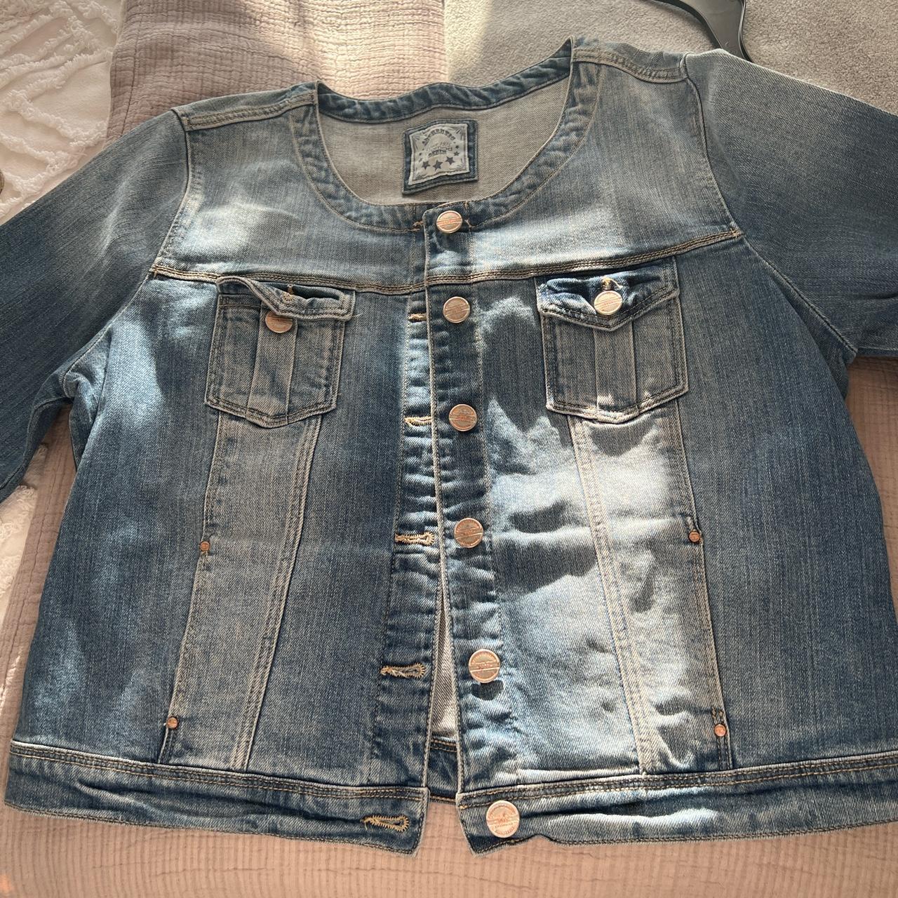 Denim jacket with no collar, two patch pockets and... - Depop