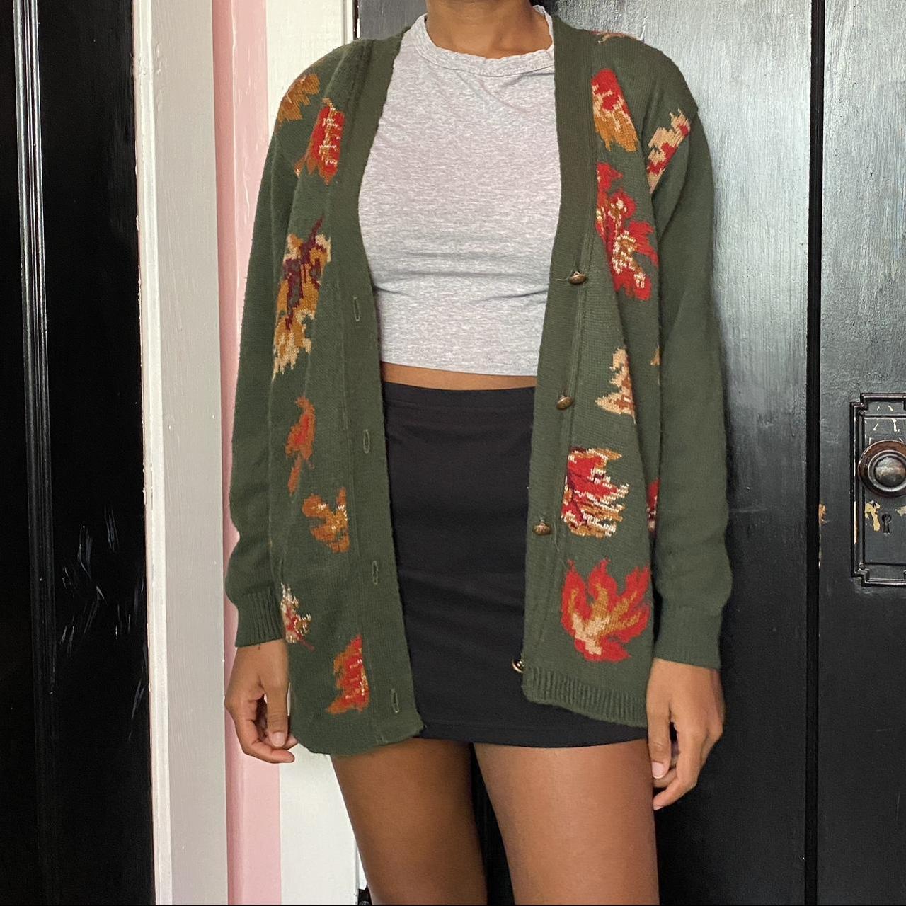 Vintage green fall leaves patterned cardigan... - Depop