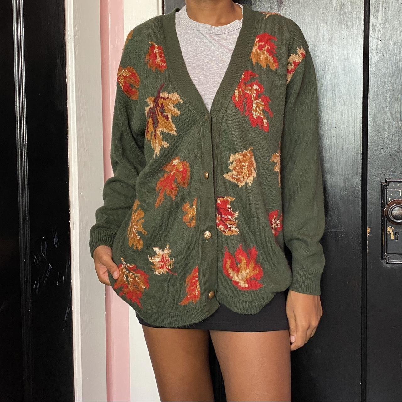 Vintage green fall leaves patterned cardigan... - Depop