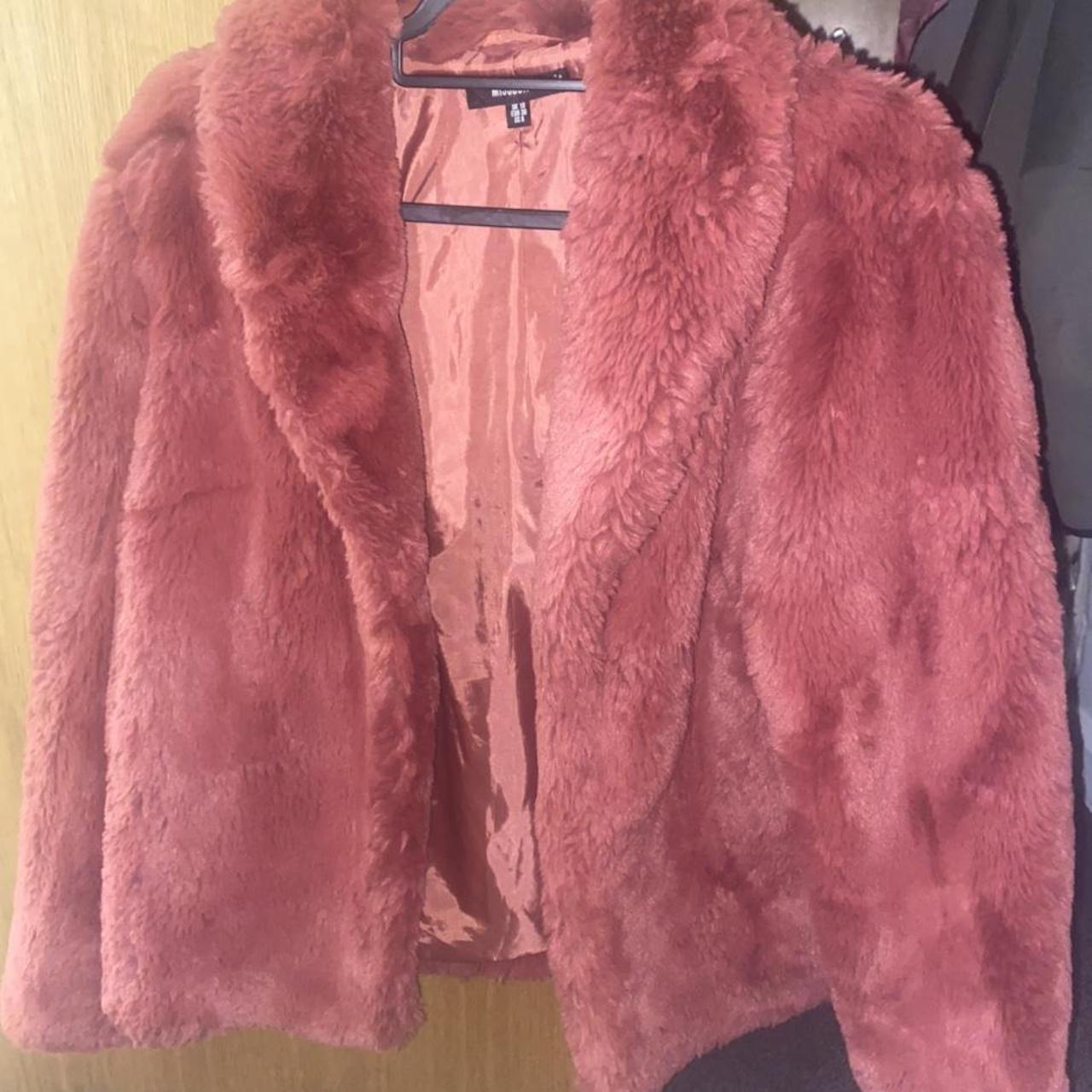 Missguided pinky red fluffy oversized coat/ jacket... - Depop