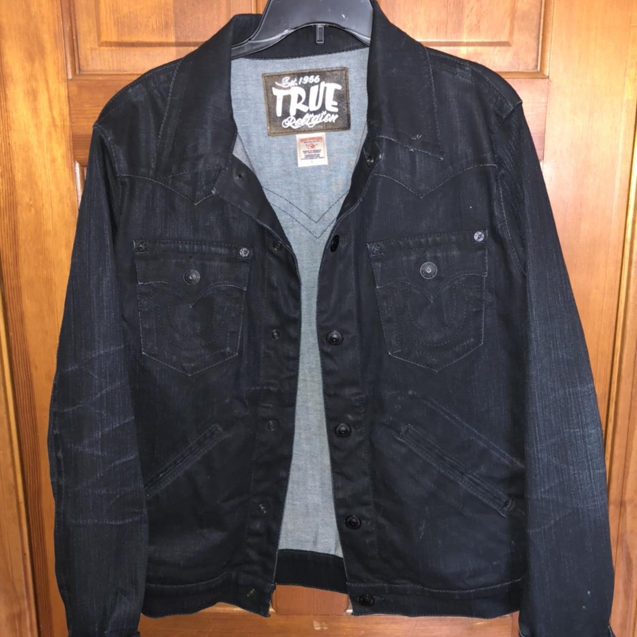 True Religion denim jacket size: L color: dark... - Depop