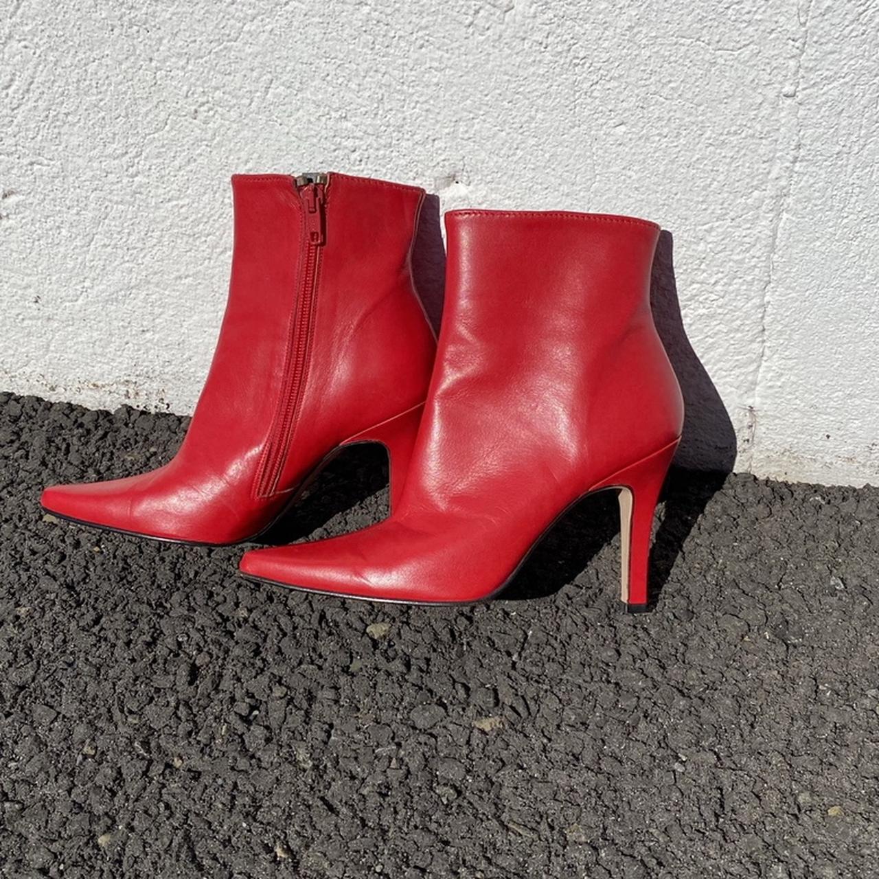Red Leather Booties Size: 5 1/2 Good... - Depop