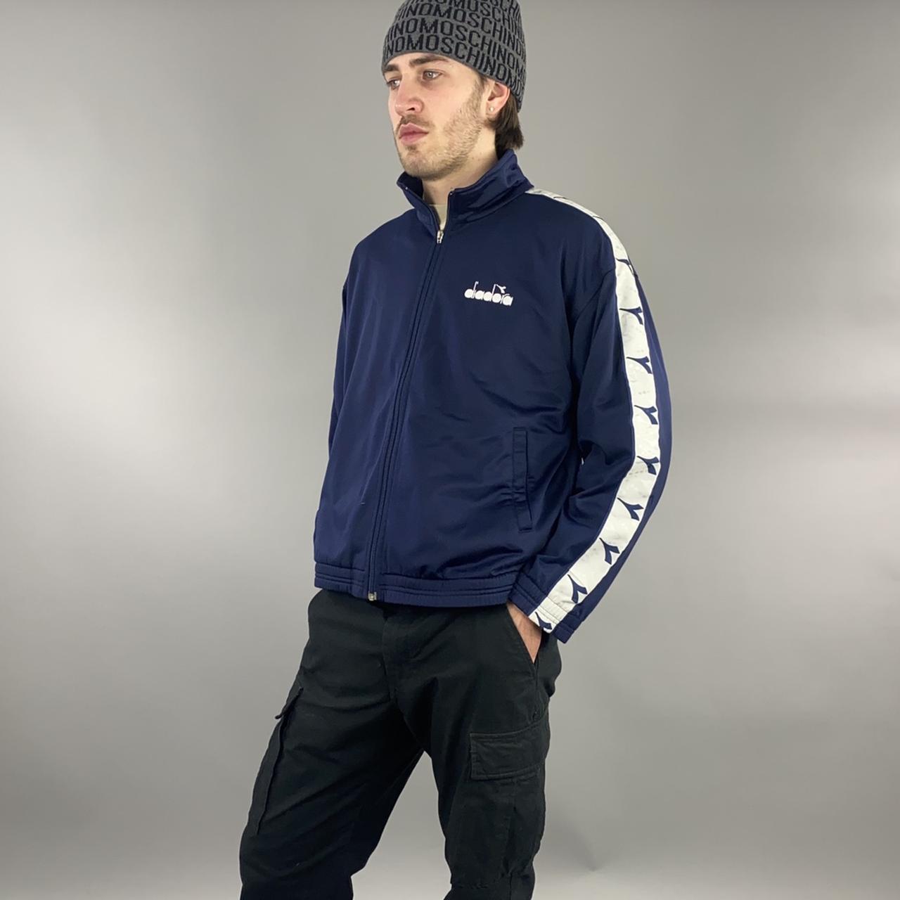 Diadora navy jacket white embroidered track jacket... - Depop