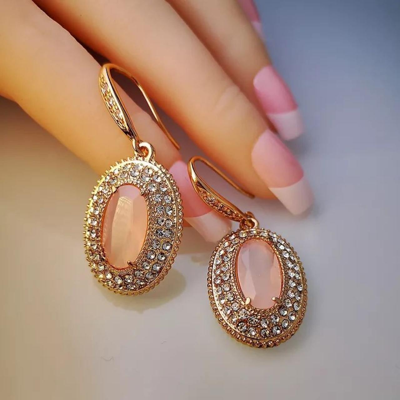 New pink oval stone earrings. Made of zinc alloy.... - Depop