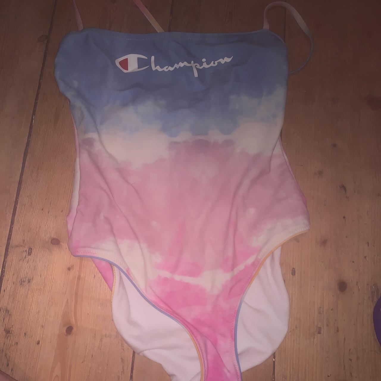 Blue and pink tie dye champion swimsuit , worn a... - Depop