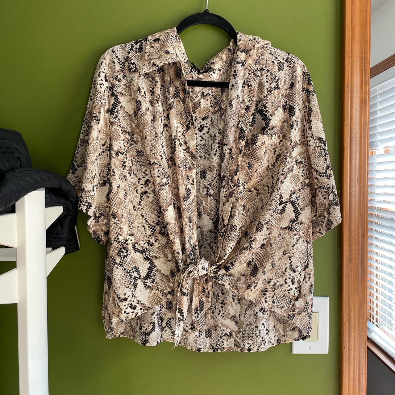 Beige snake skin patterned blouse. Mesh light... - Depop