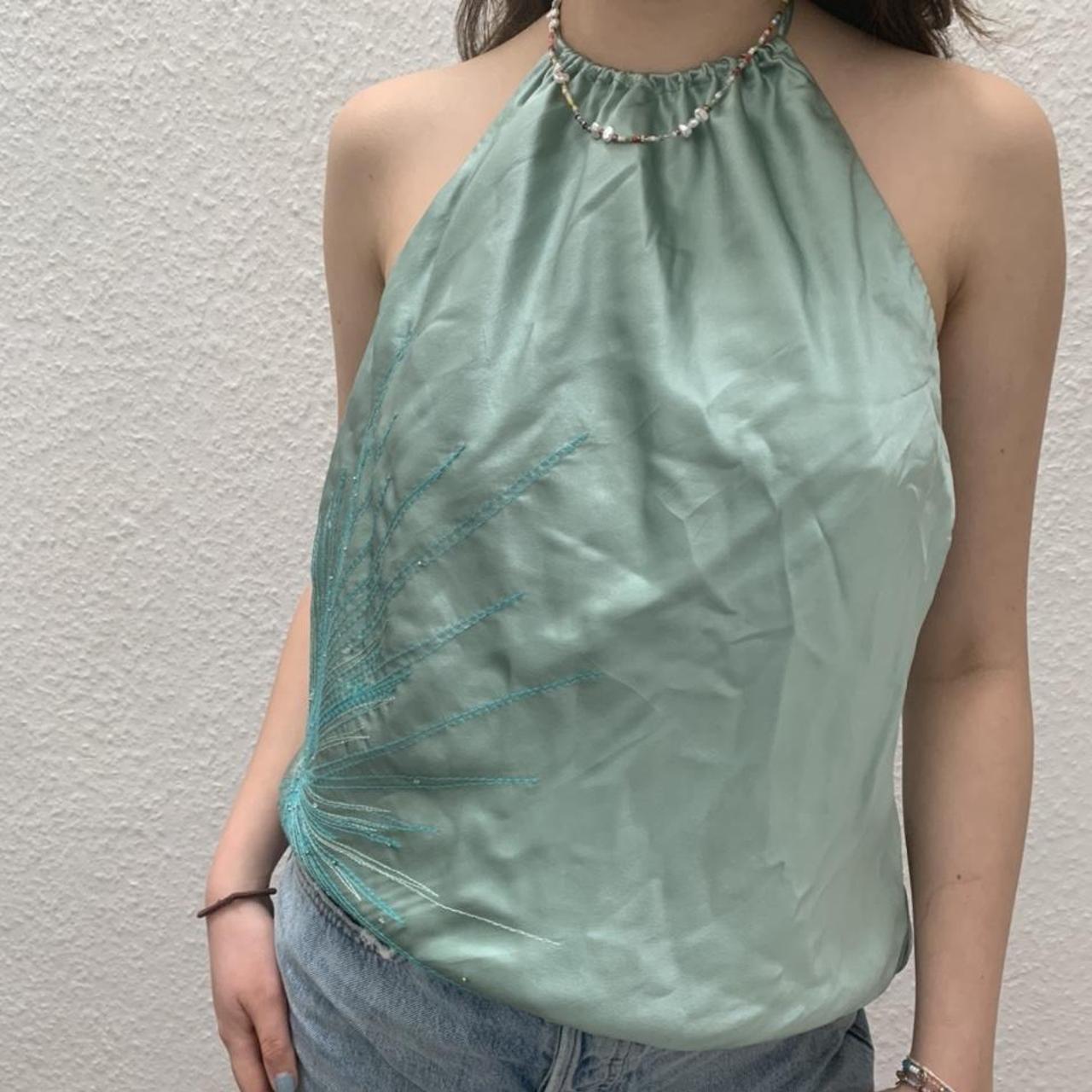 rocha john rocha green silk embroidered halter... | Depop