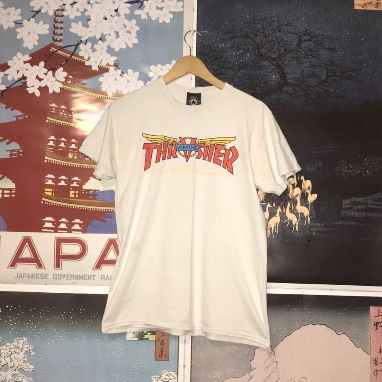 white thrasher x venture trucks collab tee slight... - Depop