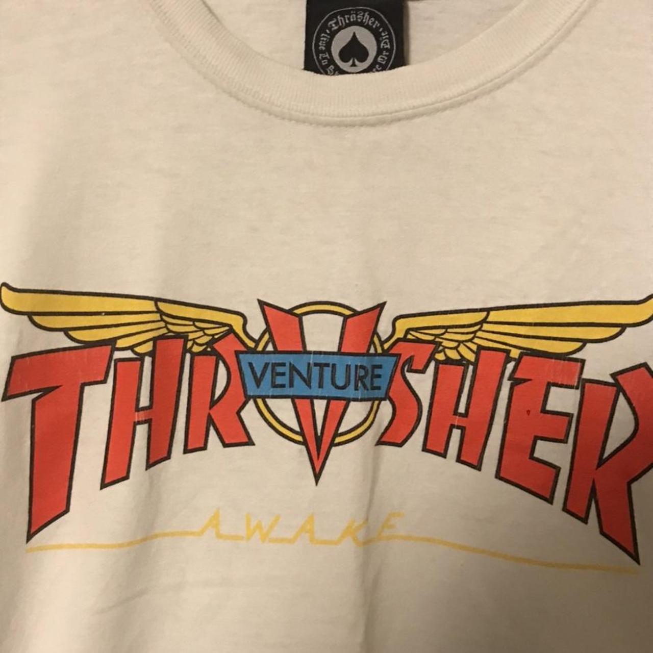 white thrasher x venture trucks collab tee slight... - Depop