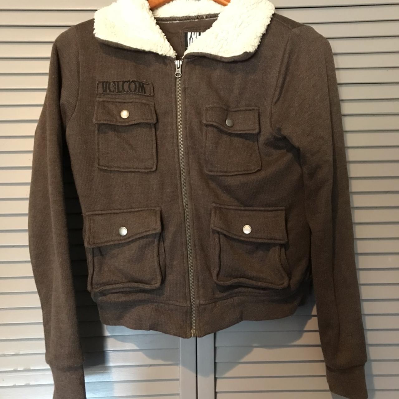 Volcom pilot style brown jacket with faux fur collar - Depop
