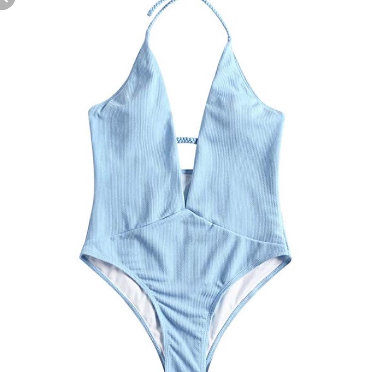Light blue / baby blue ribbed one piece push up... - Depop