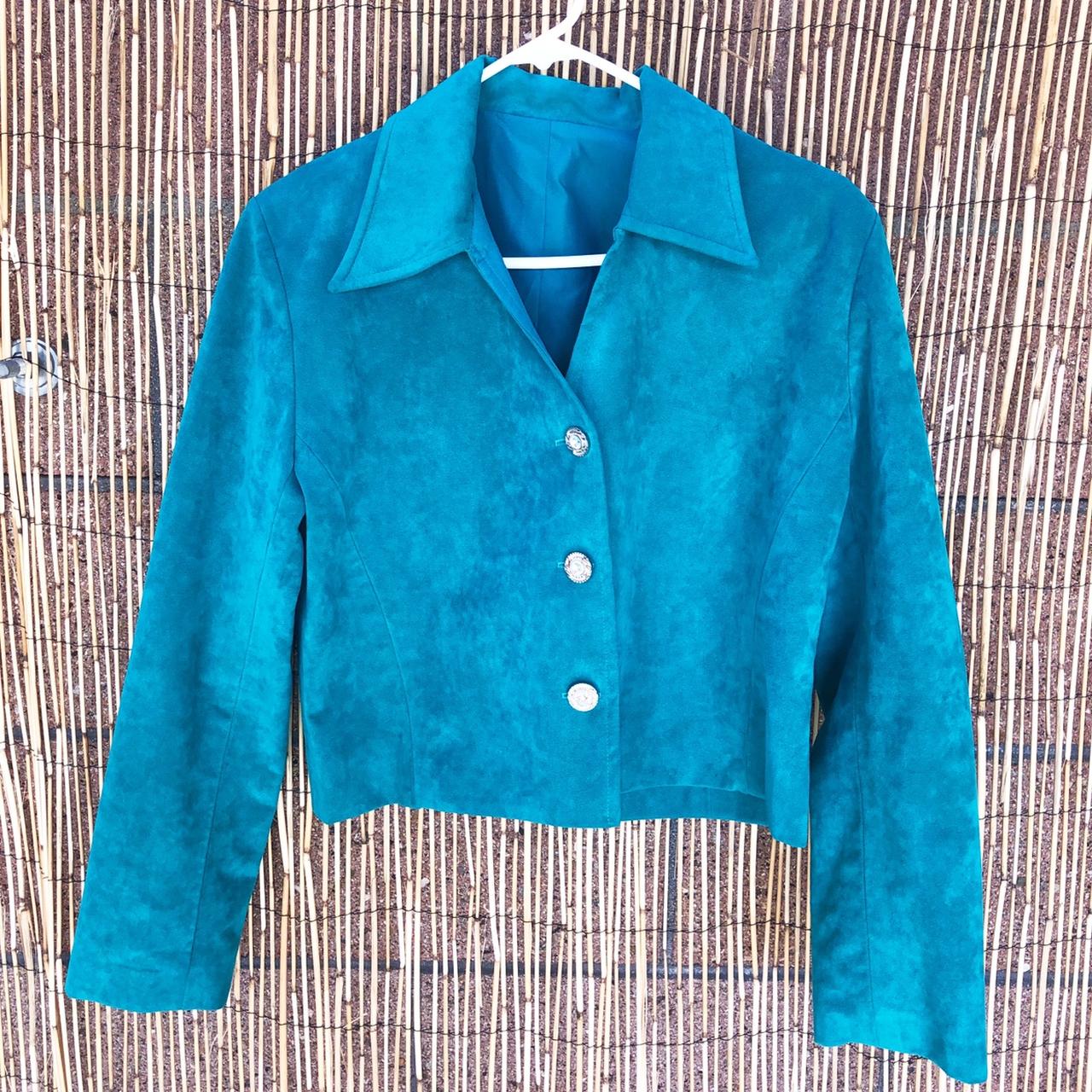 Turquoise Suede Cropped Jacket. Features beautiful... - Depop