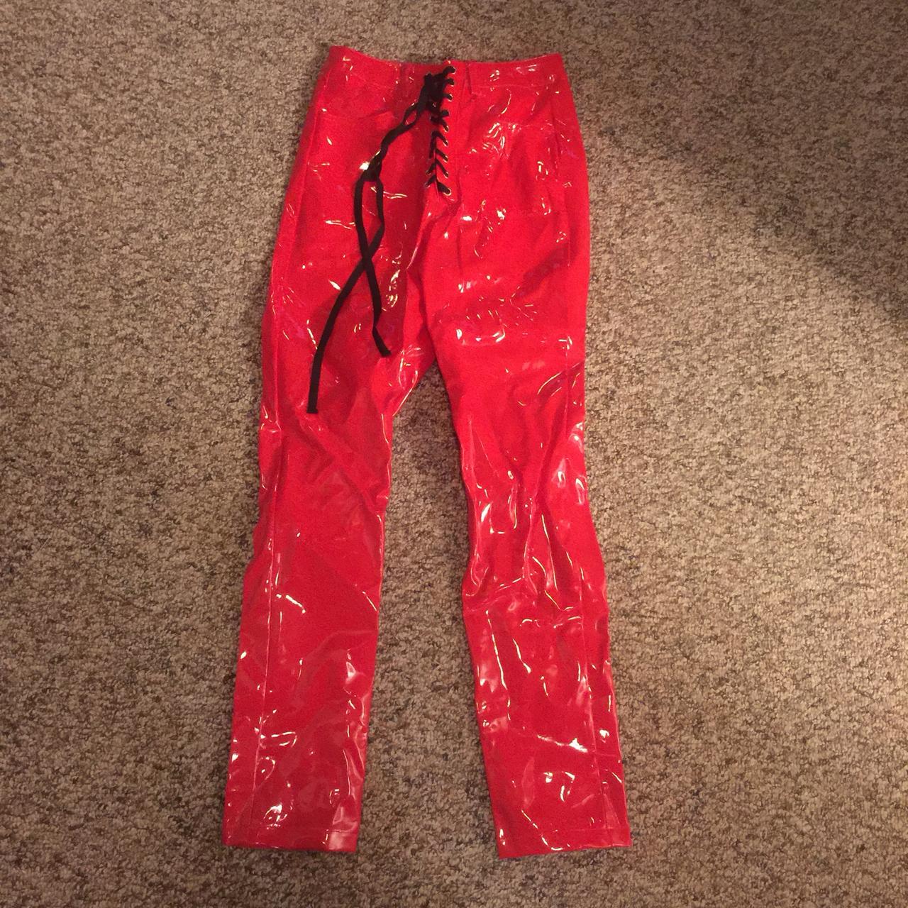 Red vinyl faux latex faux leather lace up pants.... - Depop